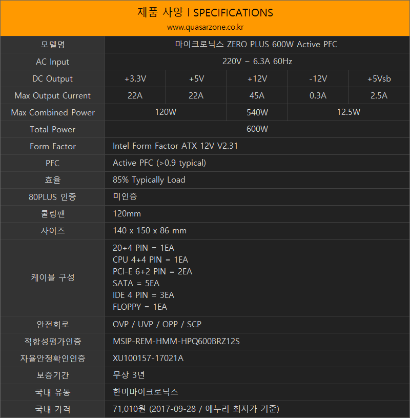 마이크로닉스 ZERO PLUS 600W Active PFC : 파워서플라이 > 퀘이사 칼럼 | 퀘이사존