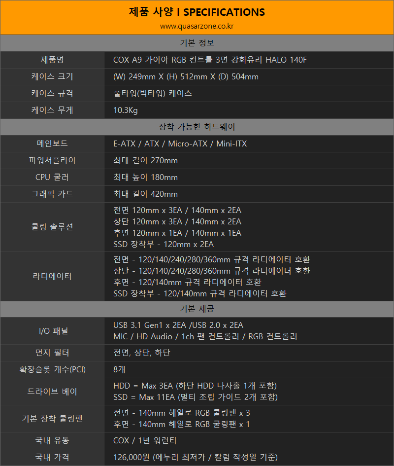 COX A9 가이아 RGB 컨트롤 3면 강화유리 HALO 140F > 퀘이사 칼럼 | 퀘이사존
