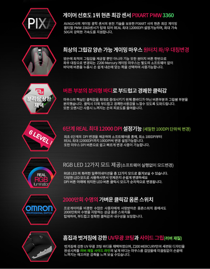 고급 센서 PMW-3360센서를 탑재한 가성비 좋은 마우스 RIZUM G-FACTOR Z200 Mercury 3360 RGB ...