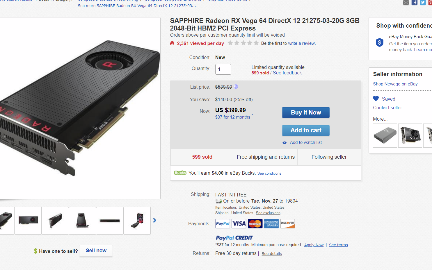 [이베이] AMD RX VEGA 64 (VGA) $ 339.99 > 지름/할인정보 | 퀘이사존 QUASARZONE