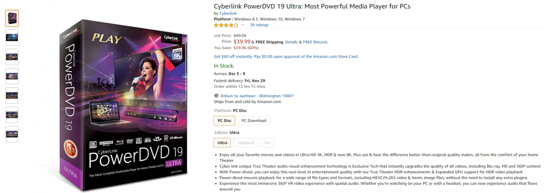 [Amazon] Cyberlink PowerDVD 19 Ultra $39.99 > 지름/할인정보 | 퀘이사존