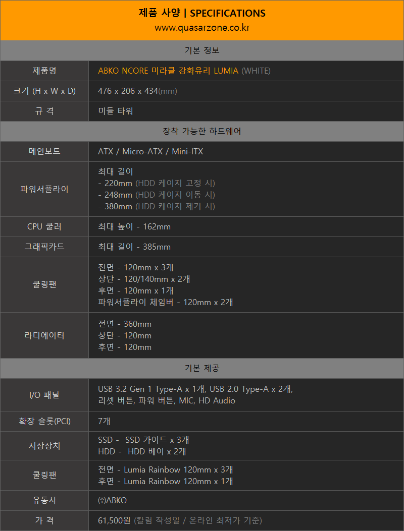 루미아 RGB 쿨링팬 4개 제공, ABKO NCORE 미라클 강화유리 LUMIA > 퀘이사 칼럼 | 퀘이사존