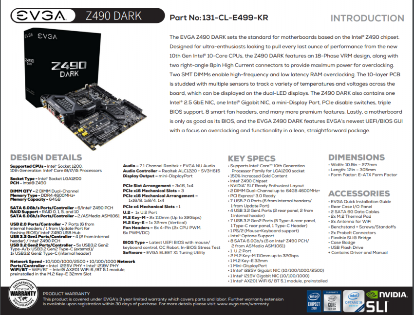 EVGA, Z490 DARK 및 FTW 가격 및 상세스펙 > 하드웨어 뉴스 | 퀘이사존